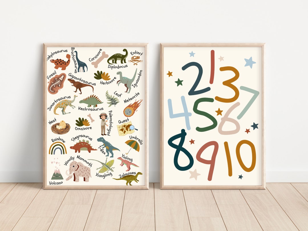 Educational Dinosaur Alphabet and Numbers Prints. Set of 2 (prints Only ...
