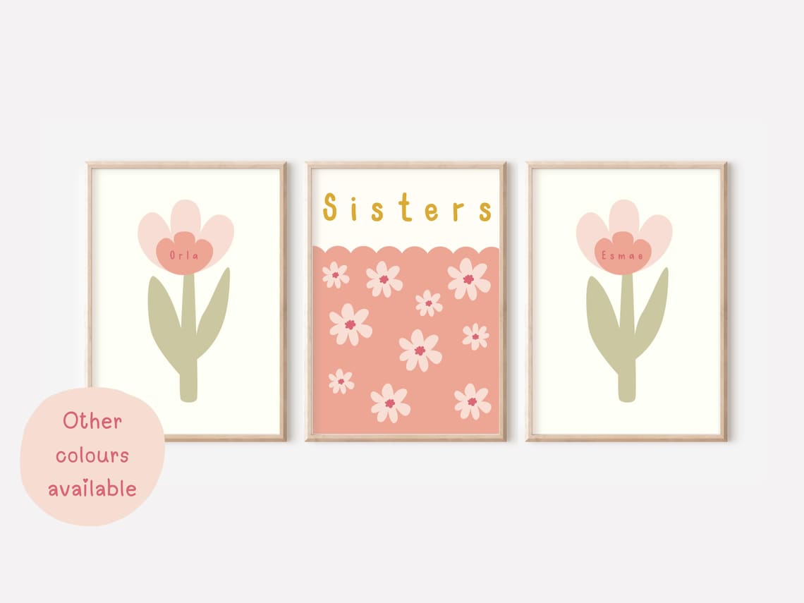 Personalised Sisters Prints. Set of 3 Name and Flower Prints for Girls ...
