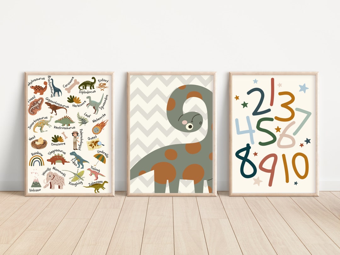 Dinosaur Themed Prints. Alphabet, Numbers and Dino Gender Neutral Wall ...