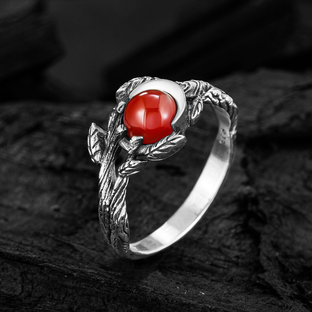 Rose Petal and Red Stone Women's Ring, Red Agate Stone Ring, Women's ...