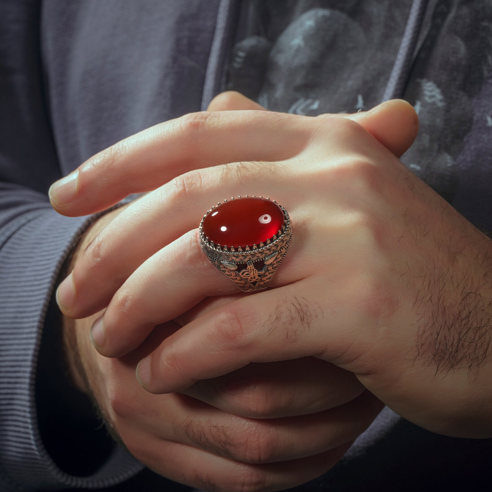 Men's Ring, Big Red Stone Silver Ring, Agate Stone Men's Ring, Large ...