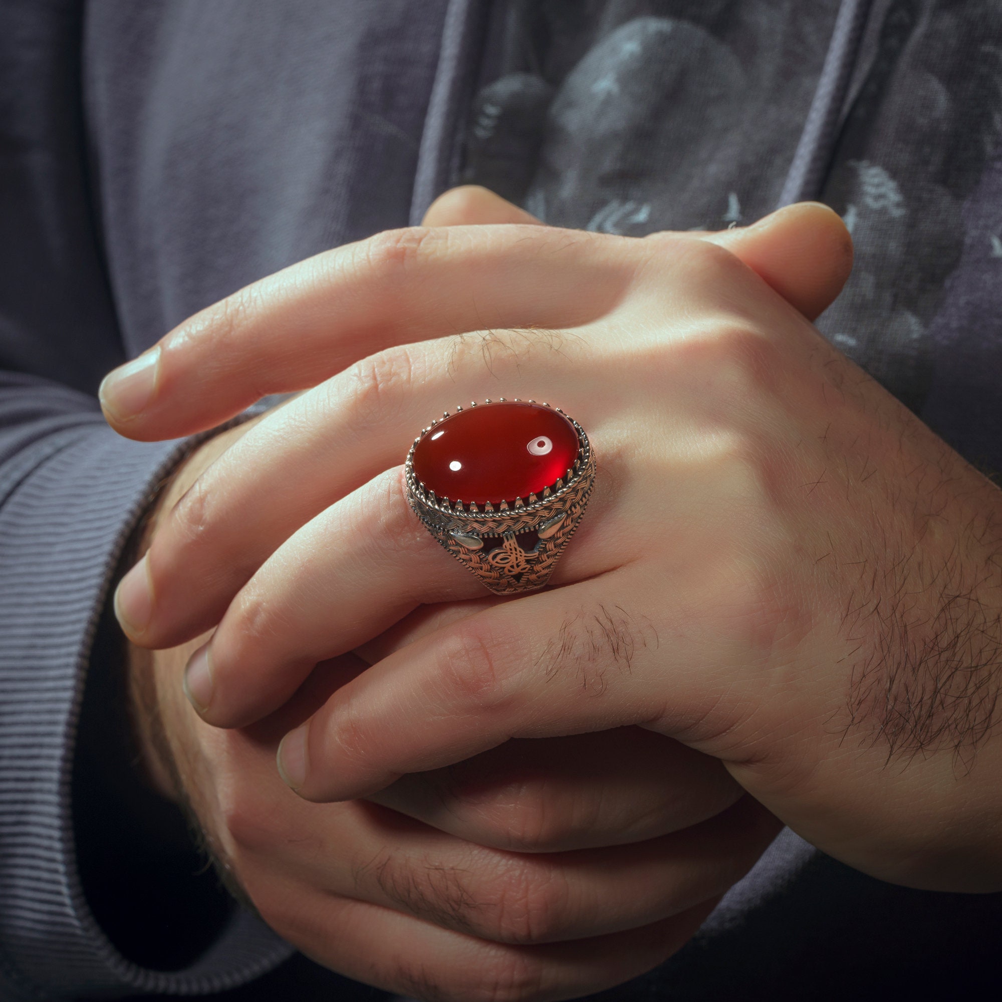 Men's Ring, Big Red Stone Silver Ring, Agate Stone Men's Ring, Large ...