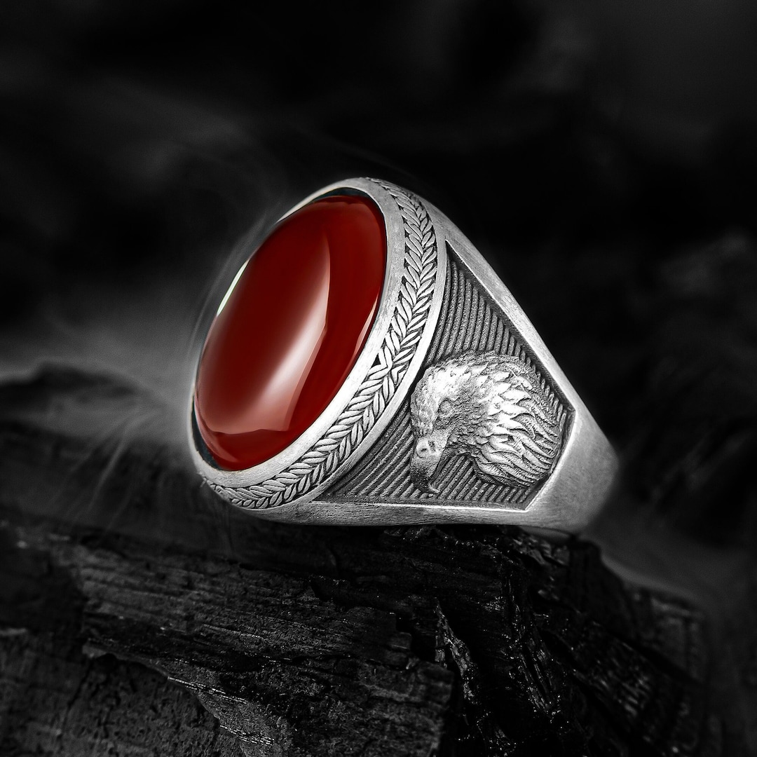 Eagle Head Men's Ring, Red Agate Stone Ring, Tumbled Silver Ring, 925 ...