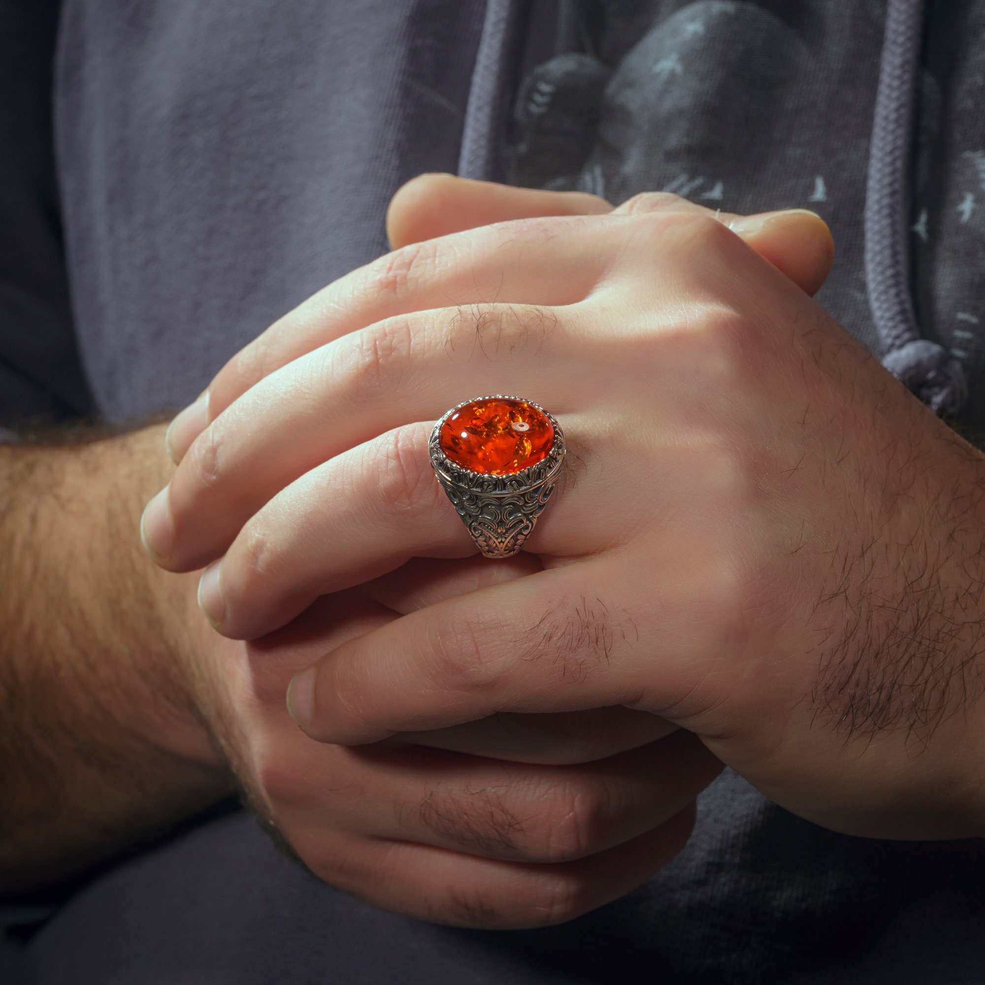 Amber Stone Sterling Silver Men's Ring,natural Stone Men's Ring,men's ...