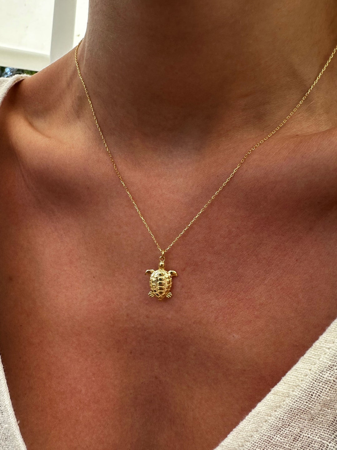 14k Gold Turtle Pendant Necklace Thin Cable Chain Collier - Etsy