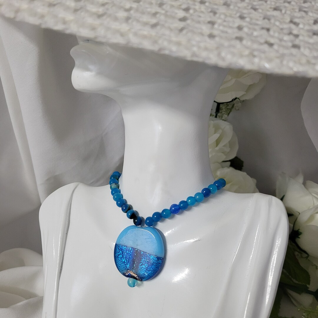 Blue Two Toned Glass Medallion Pendant on Strong Elastic String Choker ...
