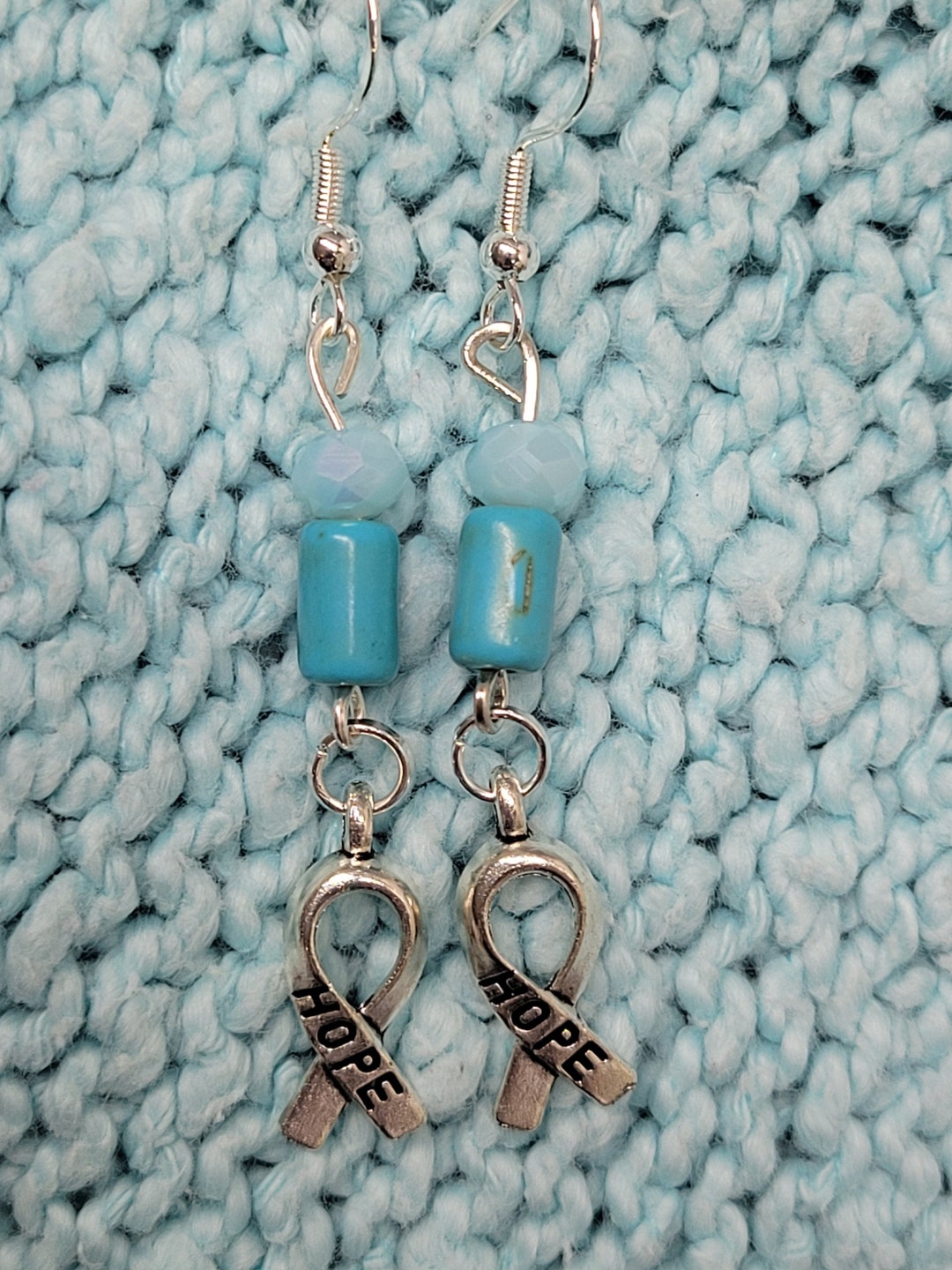Teal Silver Hope Ribbon Charm Beaded Dangle Ovarian Awareness Support ...