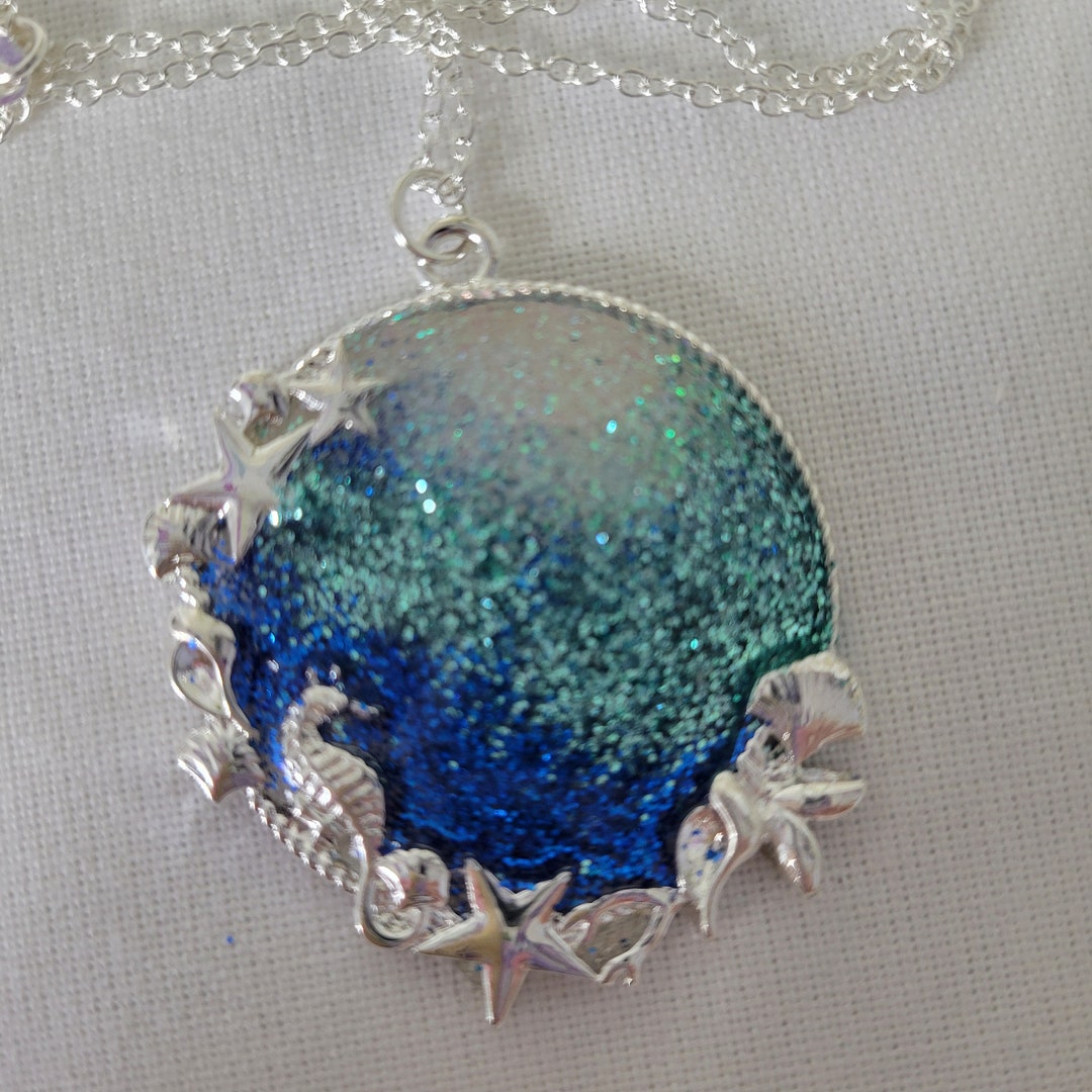 Blue Green Silver Bezel Ocean Water Seahorse Necklace, Stars and Shell ...