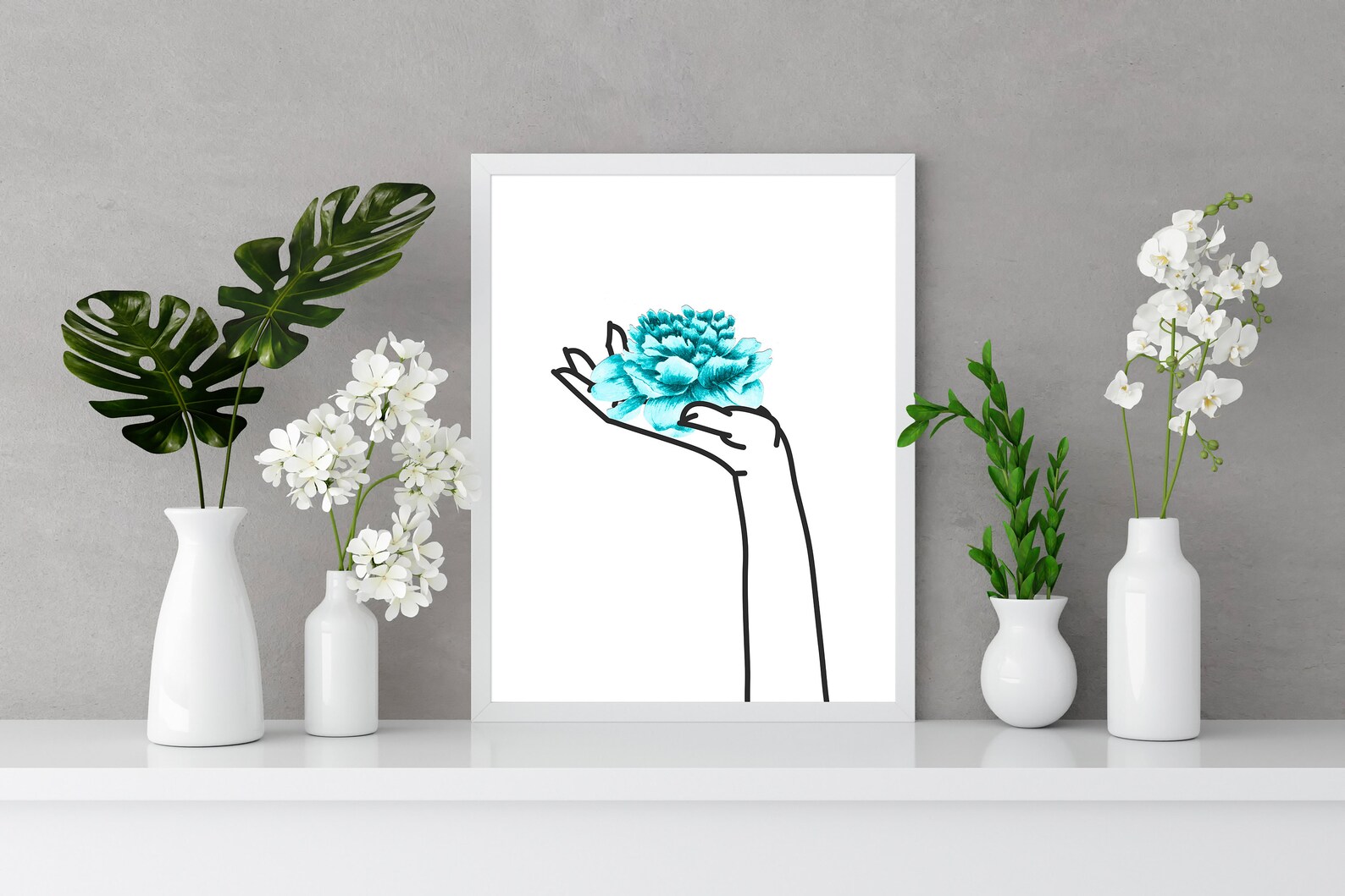 Set of 3 Watercolor Hand Line Art Print Hand With Flower - Etsy