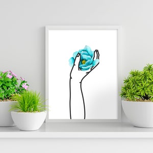 Set of 3 Watercolor Hand Line Art Print Hand With Flower - Etsy