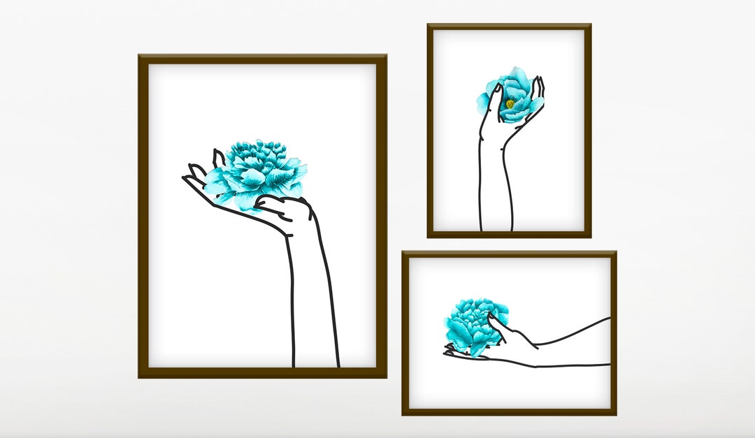 Set of 3 Watercolor Hand Line Art Print Hand With Flower - Etsy