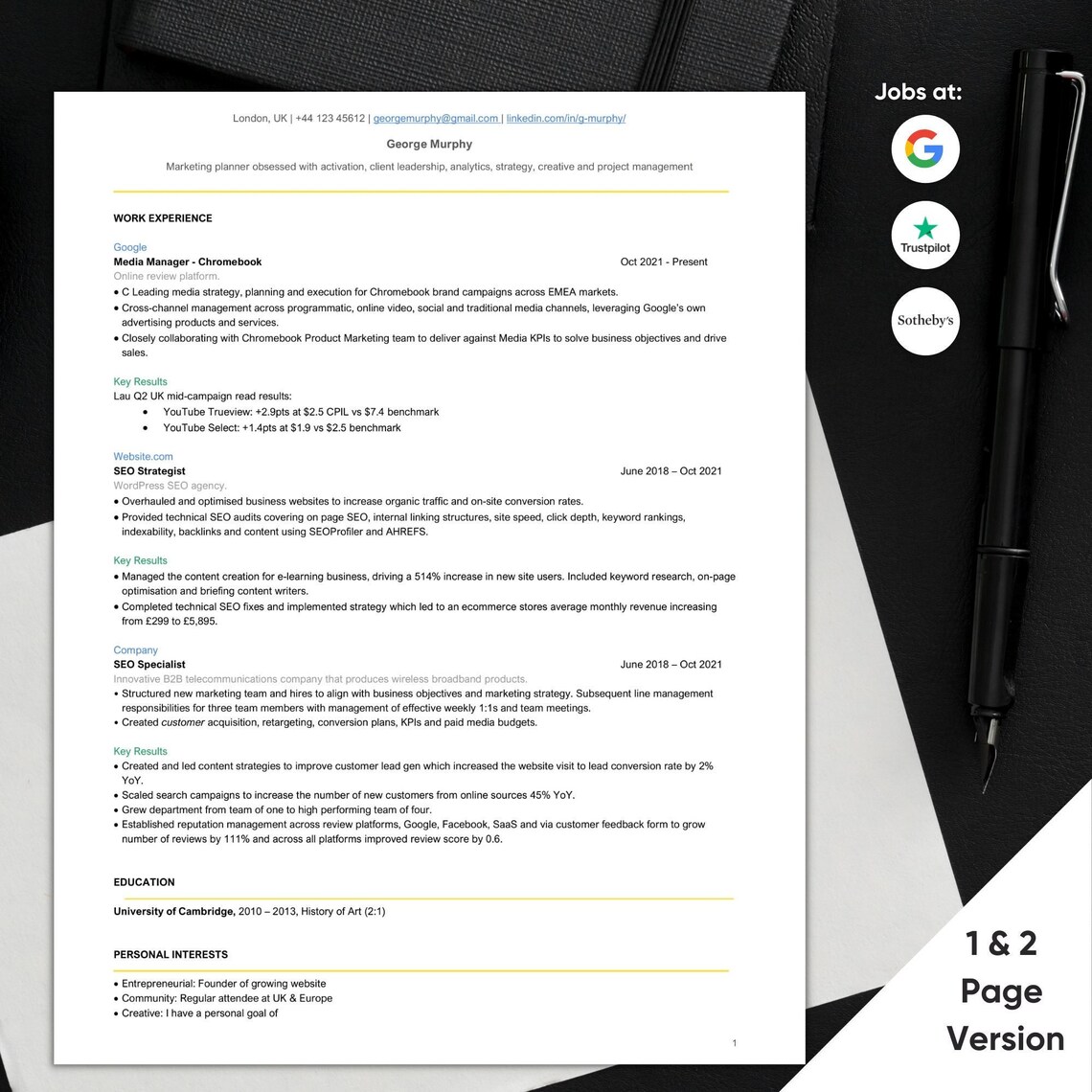 Marketing Resume Template for Word Printable CV Template for Word ...