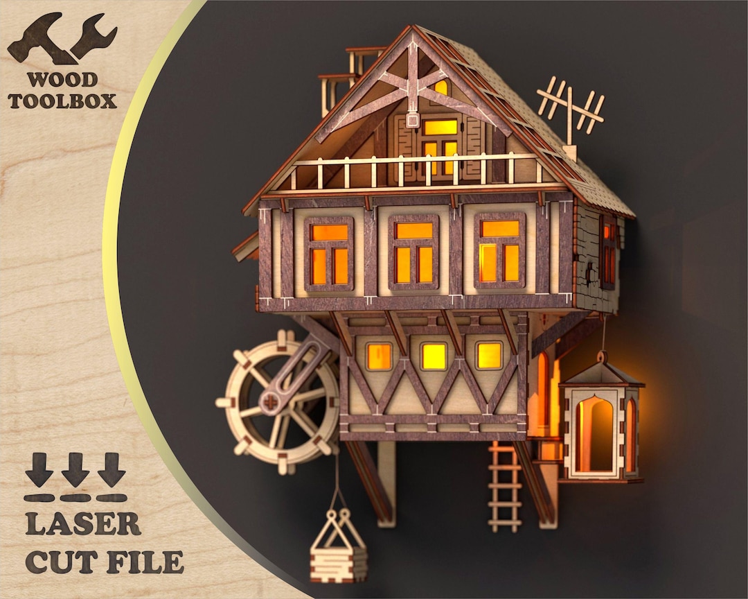Hanging House Watermill Laser Cut File | Wooden Lightbox Wall Decor ...