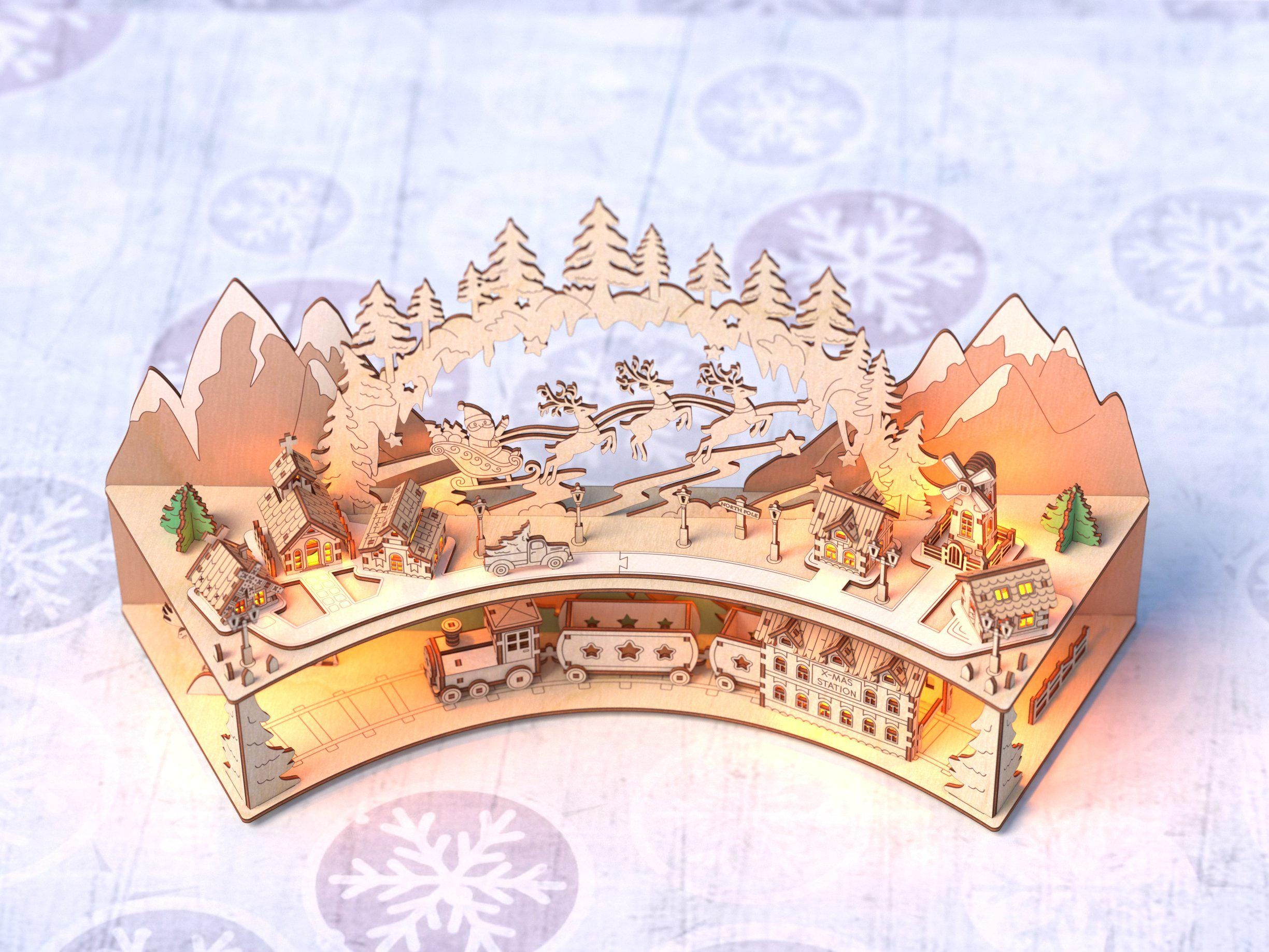 3D Christmas Village Shadow Box SVG: Laser Cut Santa Sleigh Scene ...