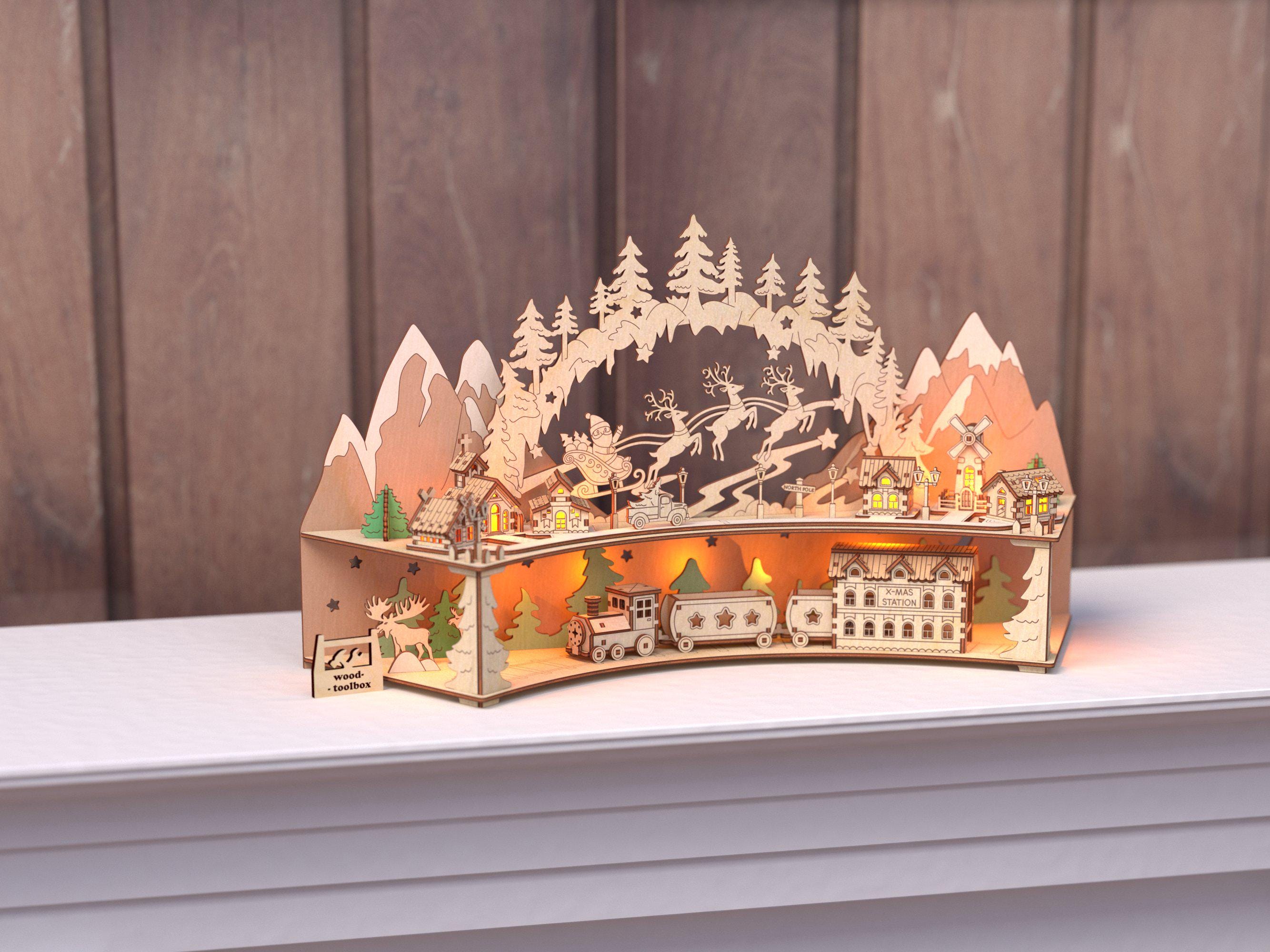 3D Christmas Village Shadow Box SVG: Laser Cut Santa Sleigh Scene ...