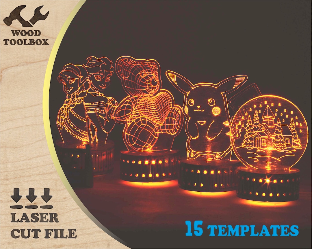 3d Night Light Illusion Lamps (set of 15 Designs) With Mini Wooden Base - Laser Cut Files. 3D ...