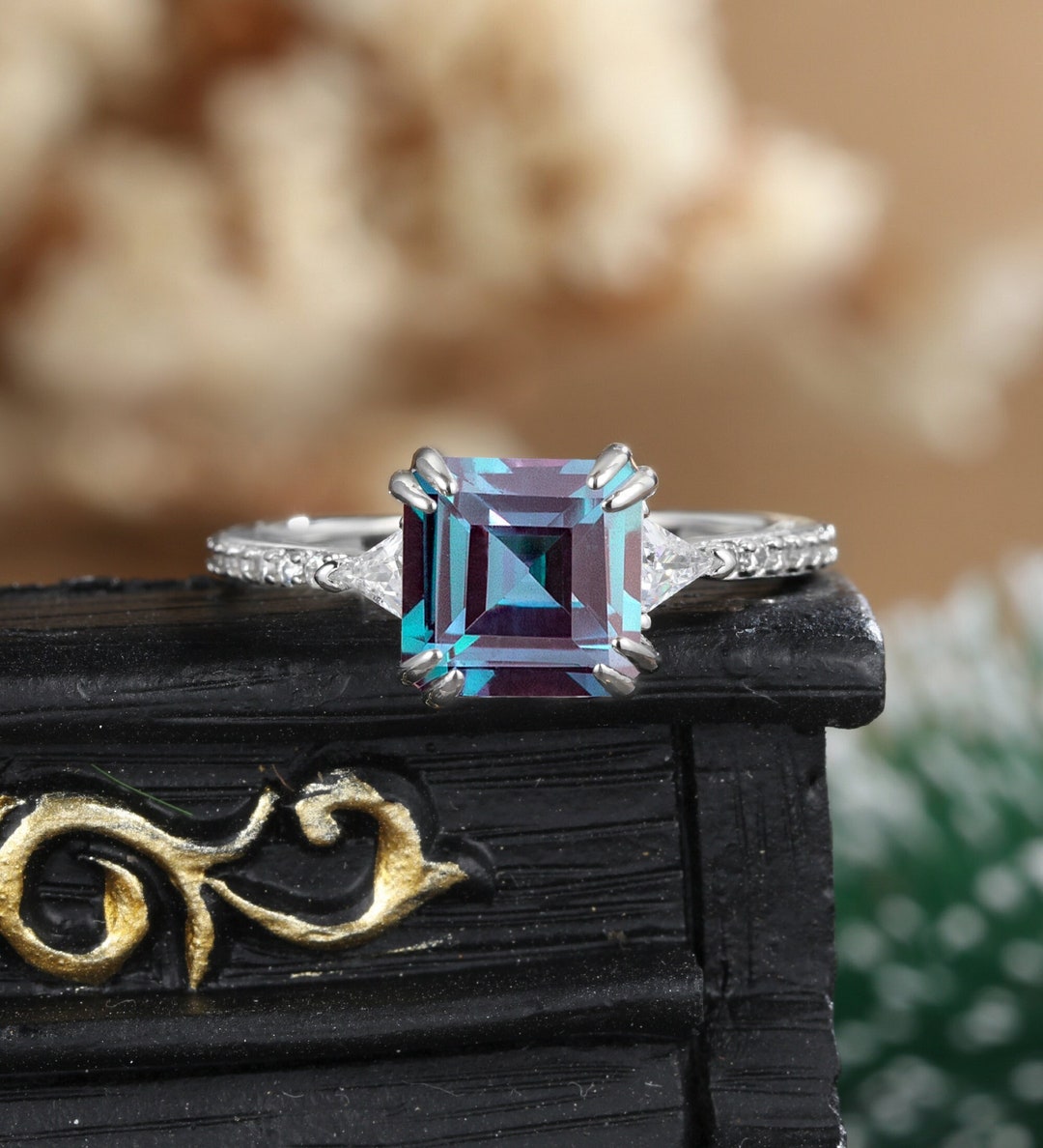 Emerald Cut Alexandrite Engagement Ring White Gold Triangle Moissanite ...