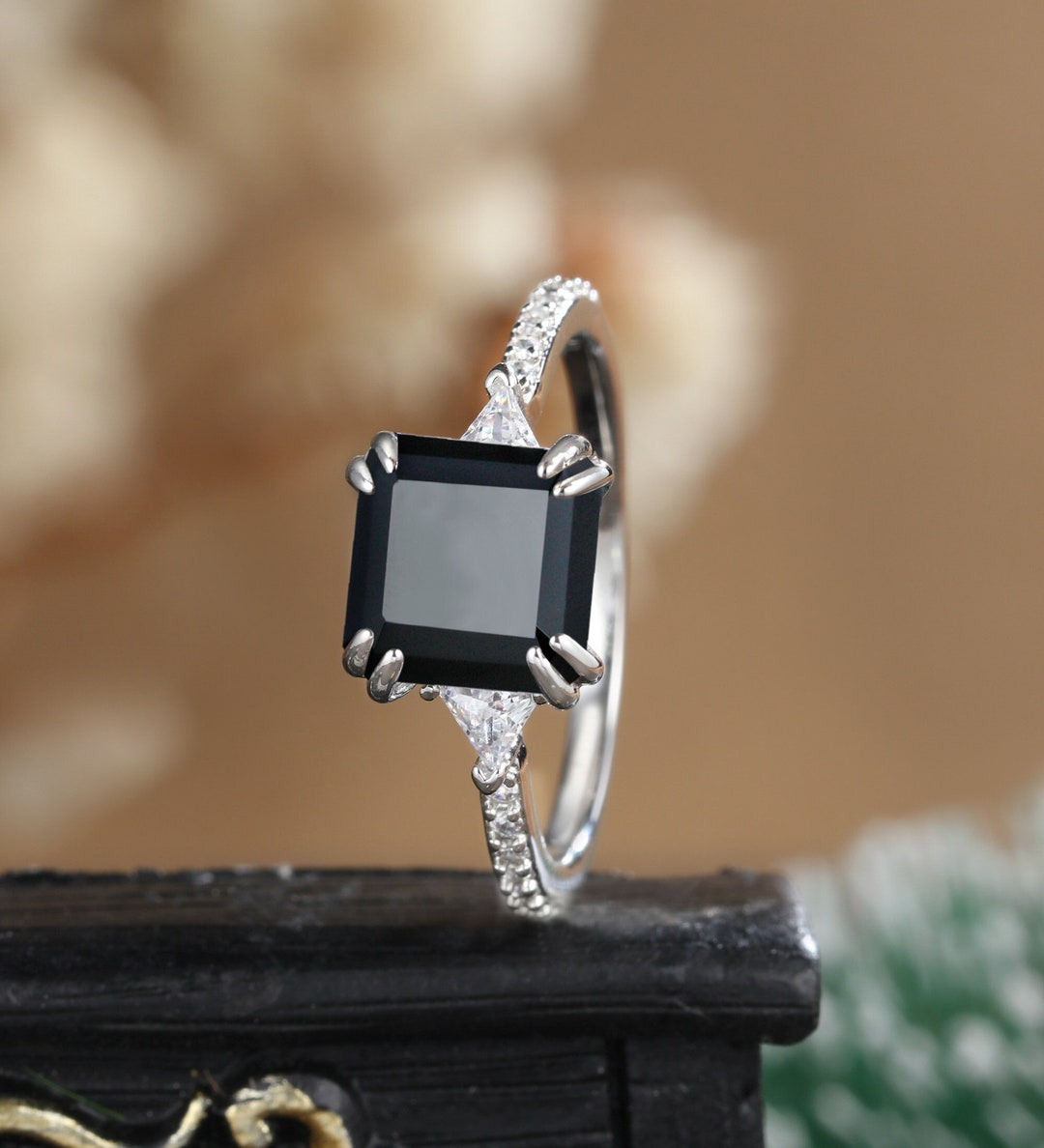 Emerald Cut Black Onyx Engagement Ring White Gold Triangle Moissanite ...