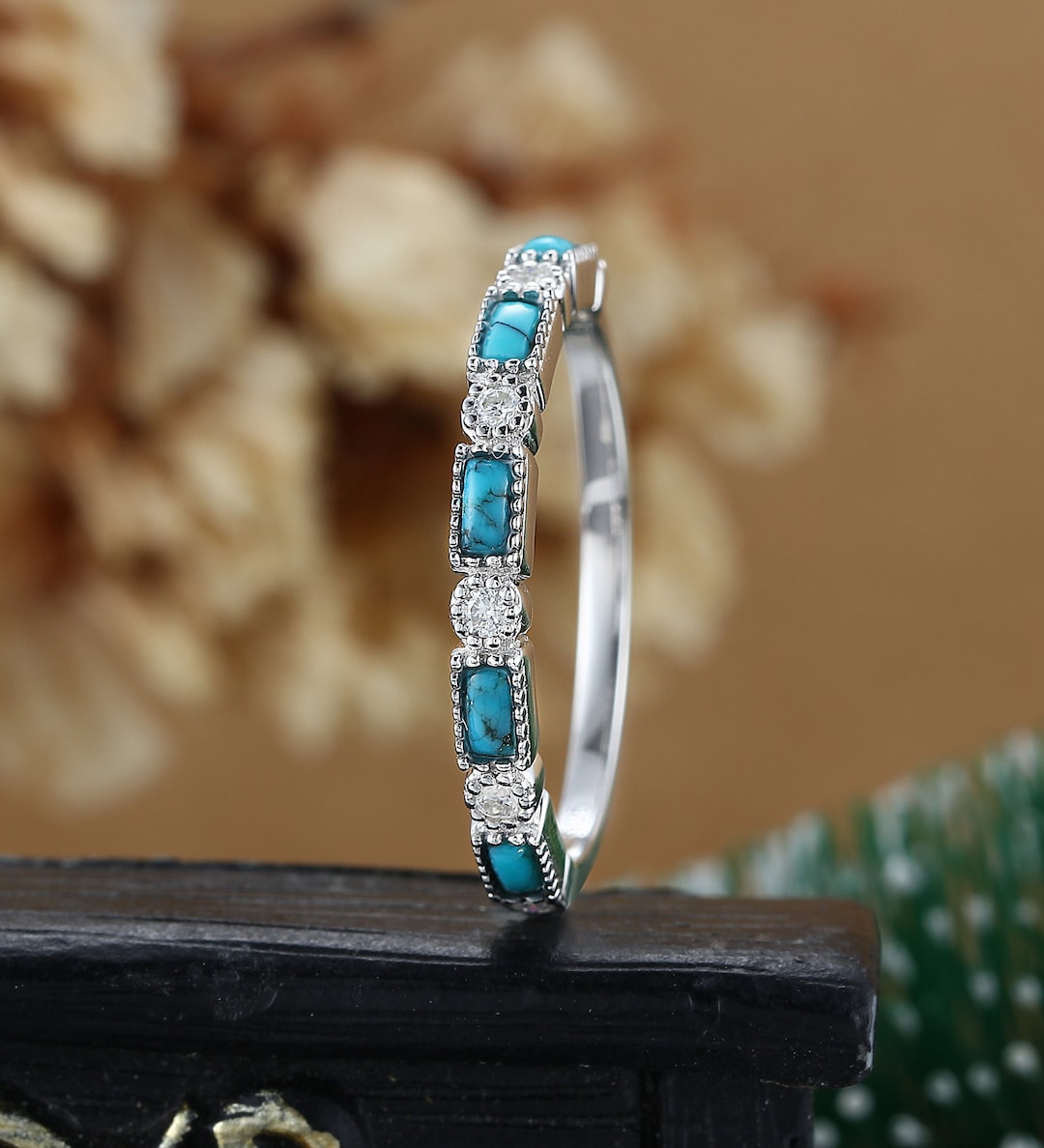 Baguette Cut Turquoise Wedding Band White Gold, Vintage Moissanite Wedding Ring, Stacking ...
