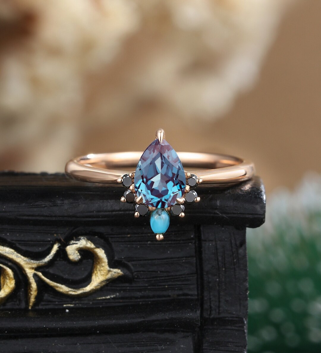 Pear Shaped Lab Alexandrite Engagement Ring Marquise Turquoise Black ...