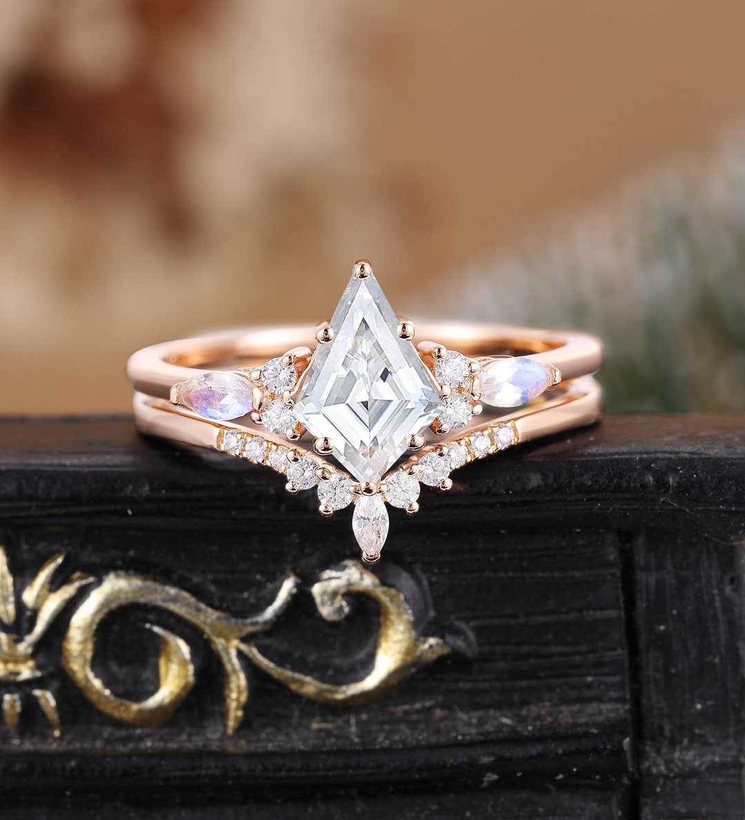 Kite Cut Moissanite Rose Gold Bridal Set, Marquise Cut Moonstone ...