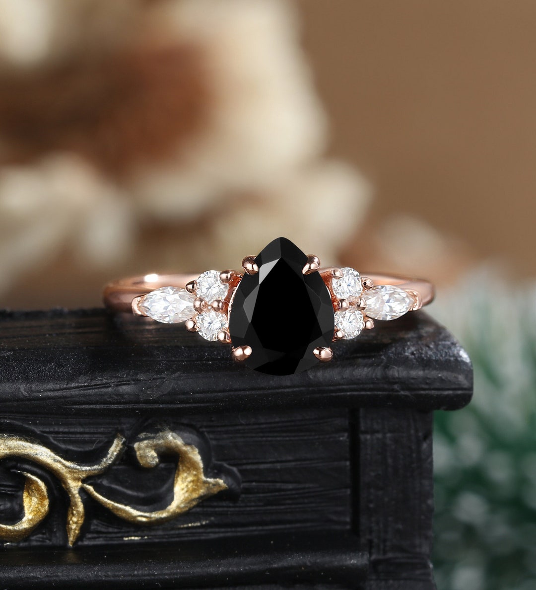 Pear Shaped Balak Onyx Engagement Ring Antique Rose Gold Unique Vintage ...