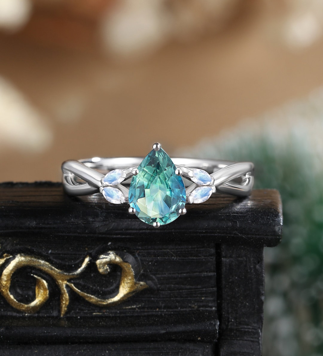 Pear Shaped Teal Sapphire Engagement Ring, Marquise Cut Moonstone White ...