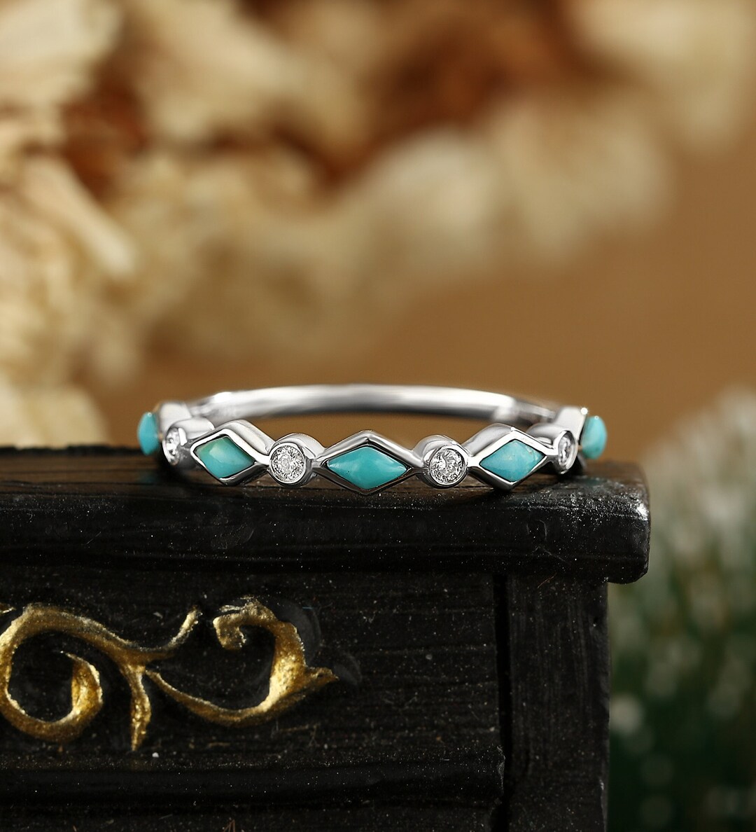 Rhombus Turquoise Wedding Band White Gold, Vintage Moissanite Diamond ...