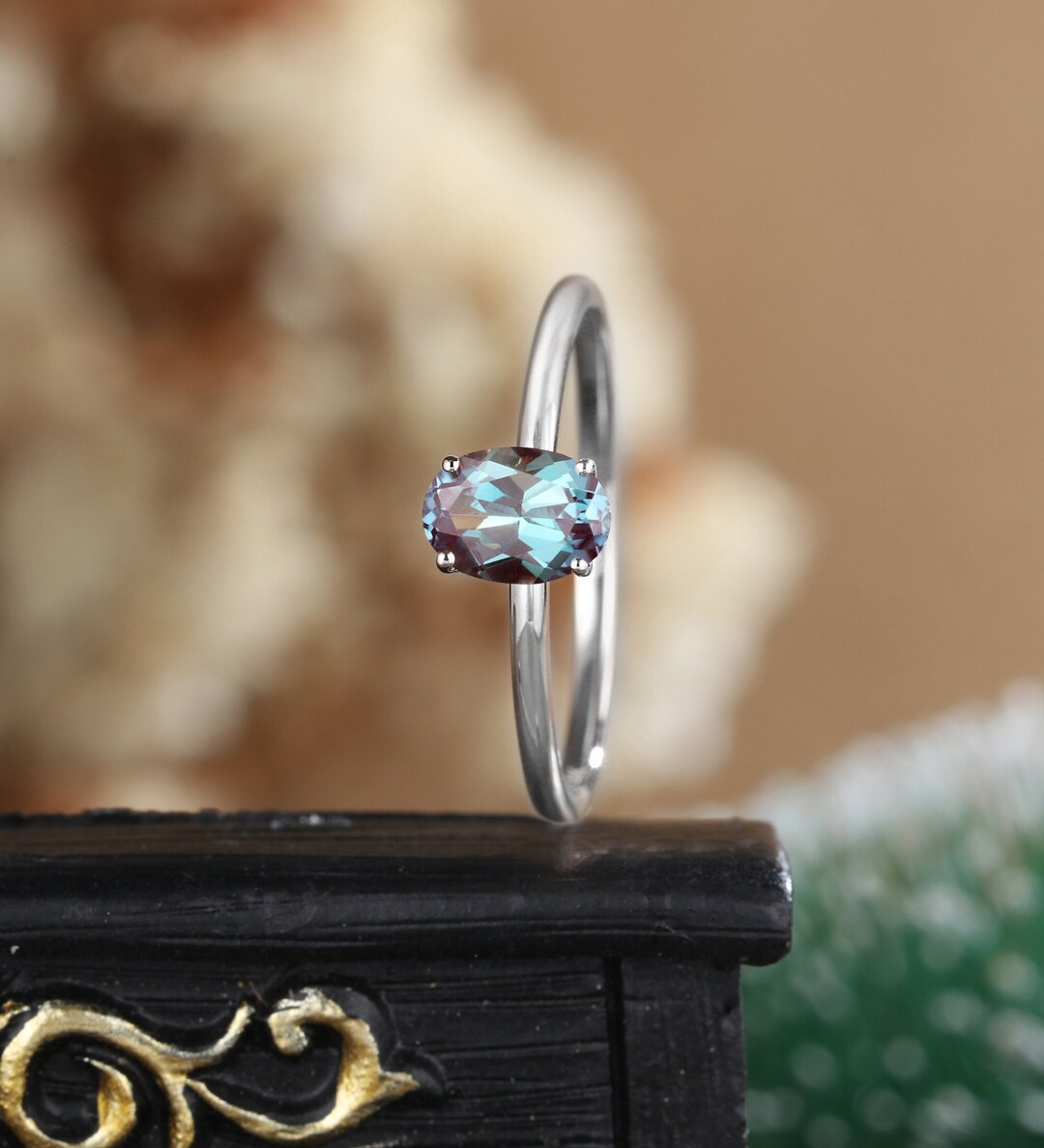 Oval Lab Alexandrite Engagement Ring, Unique White Gold Prong Set Ring ...
