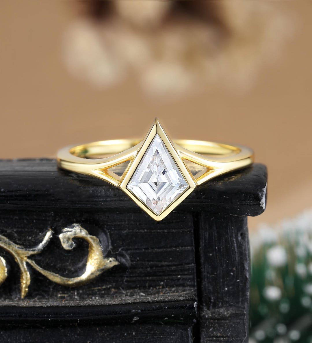 Kite Cut Moissanite Engagement Ring Solitaire Bezel Set Yellow Gold ...
