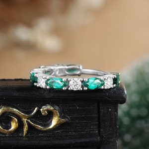 Marquise Lab Emerald Wedding Band White Gold, Vintage Moissanite ...