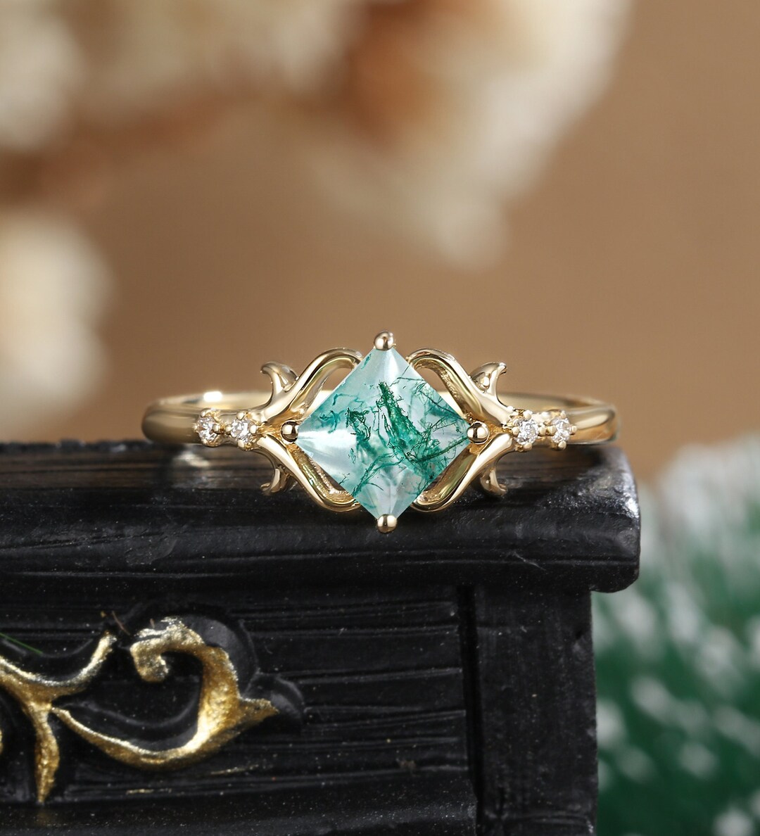 Princess Cut Moss Agate Engagement Ring Art Deco Moissanite Yellow Gold ...