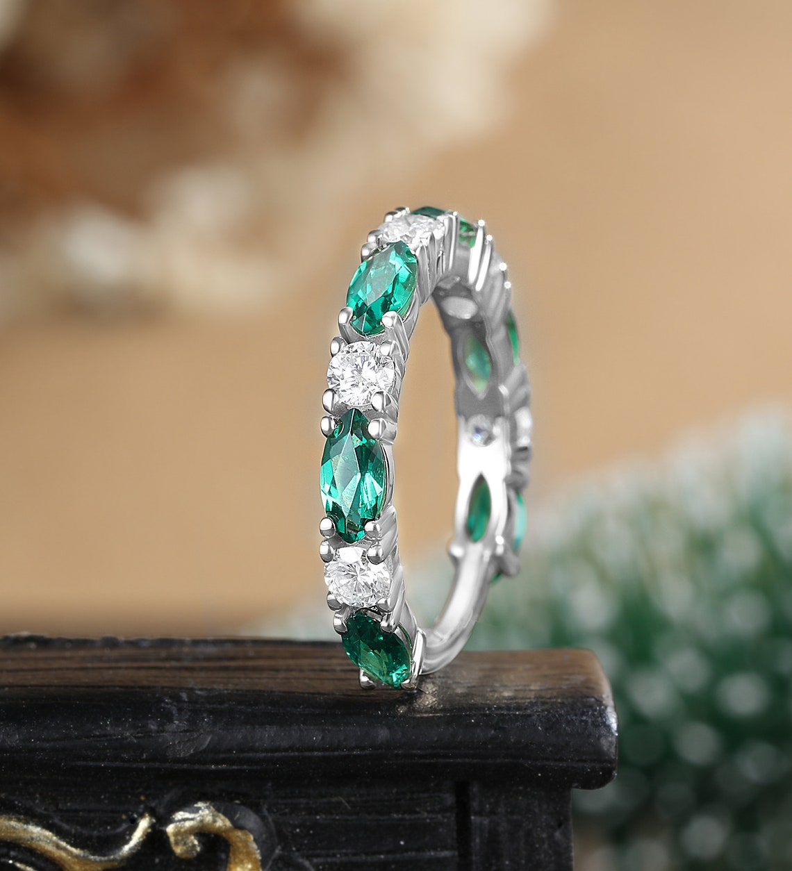 Marquise Lab Emerald Wedding Band White Gold, Vintage Moissanite ...
