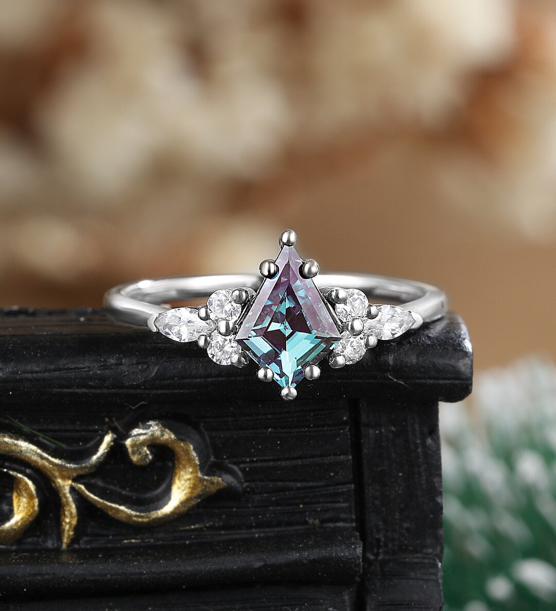 Kite Cut Alexandrite Engagement Ring Antique White Gold - Etsy