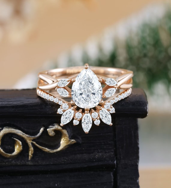Pear shaped lab grown diamond rose gold ring set Twisted marquise cut moissanite engagement ring Half eternity diamond stacking wedding band Etsy