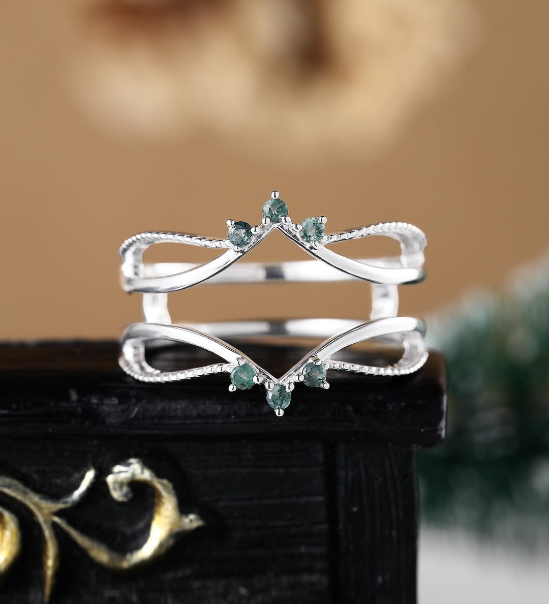 Moss Agate White Gold Enhancer Guard Wedding Band Double Chevron Curved ...