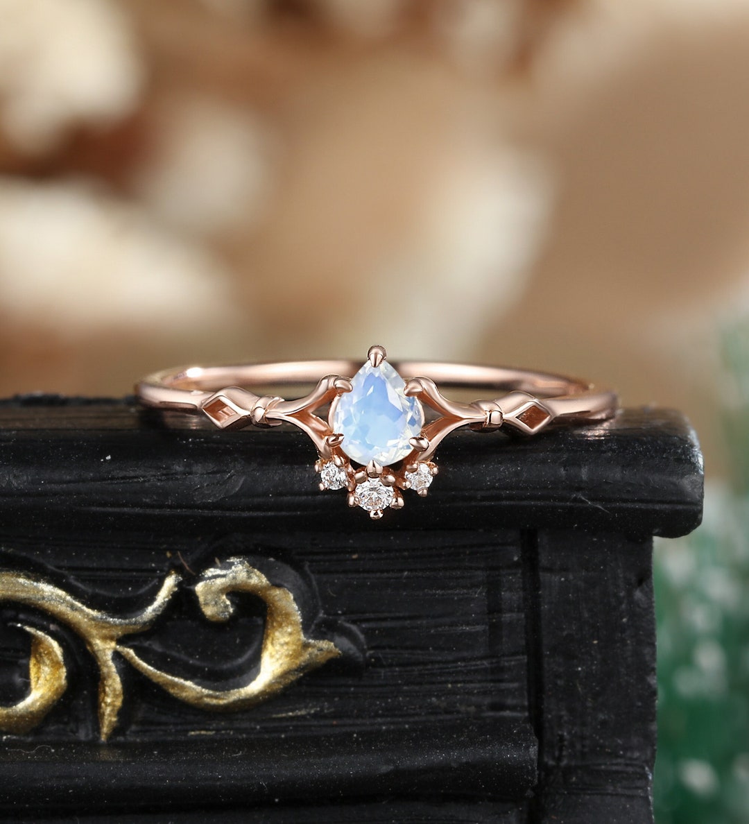 Pear Shaped Moonstone Engagement Ring Rose Gold Moissanite Diamond Ring ...