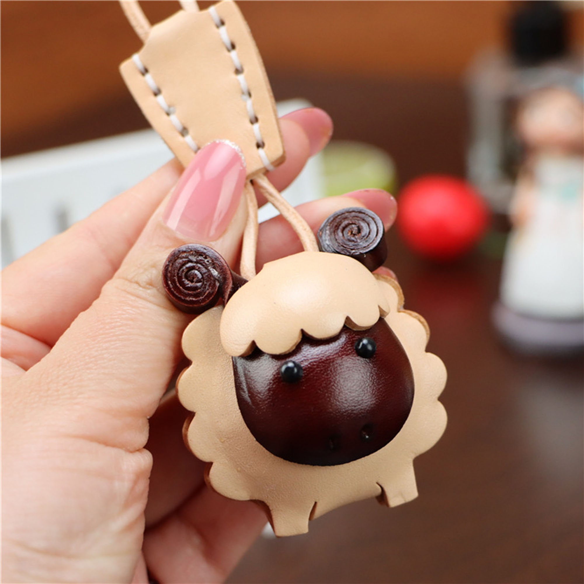 Cute Sheep Shaped Leather Key Ring, Kawaii Leather Key Chain Gift for ...