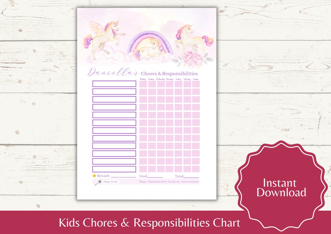 Personalized Unicorn Chores Chart for Girls Printable Student Planner ...