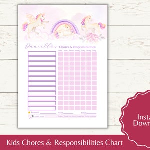 Personalized Unicorn Chores Chart for Girls Printable Student Planner ...