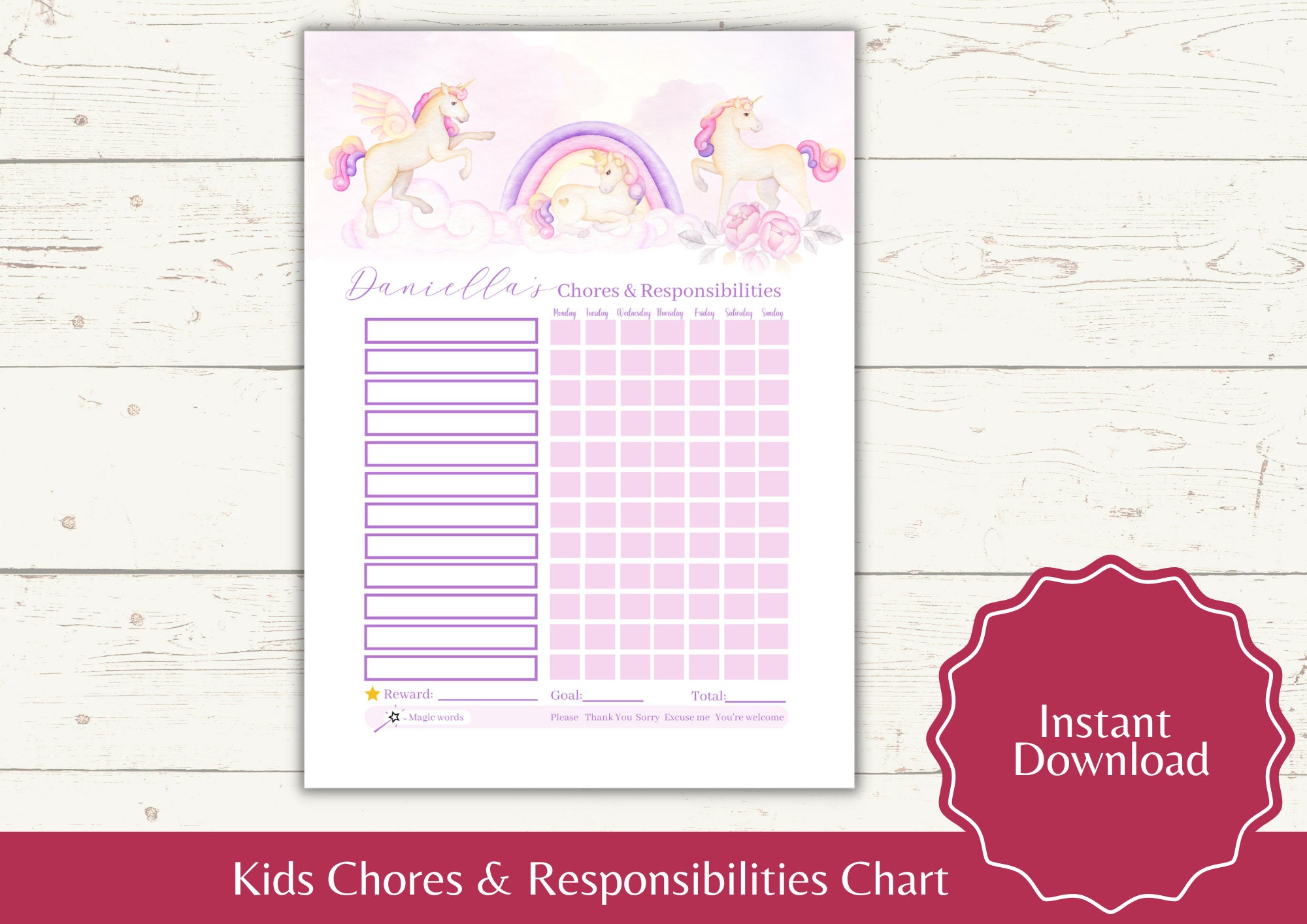 Personalized Unicorn Chores Chart for Girls Printable Student Planner ...