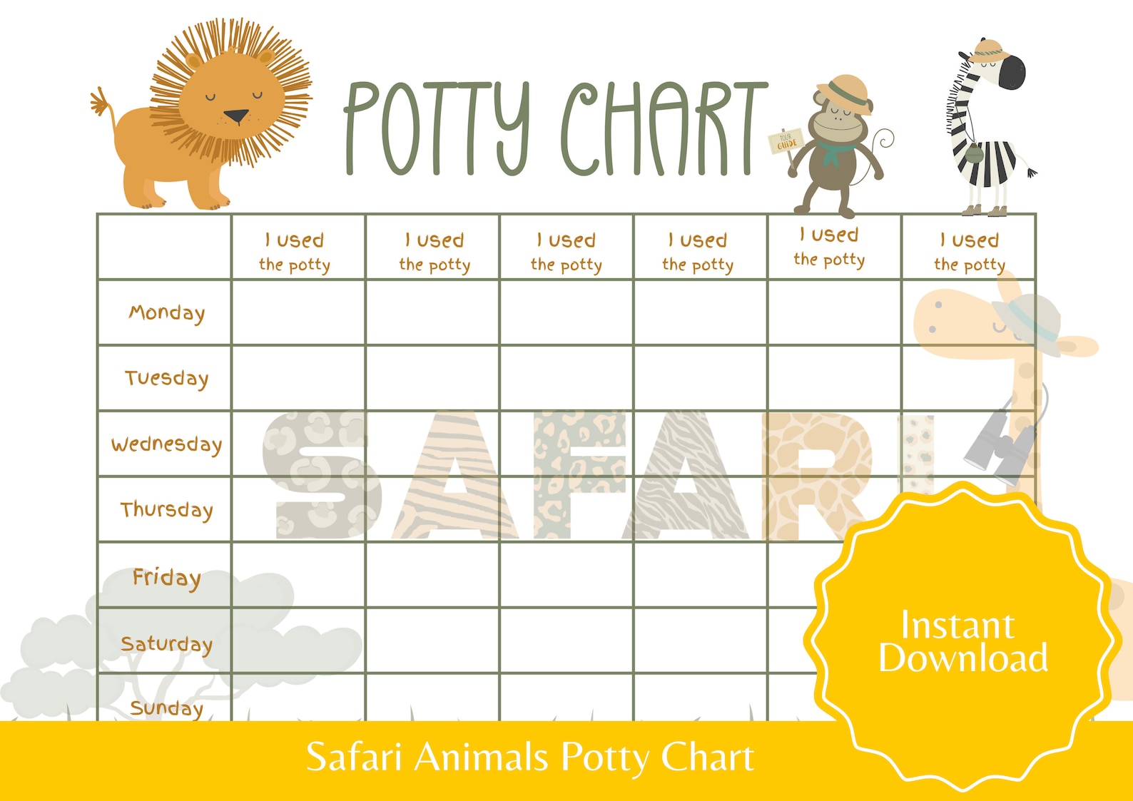 Safari Potty Chart Printable for Boys Animals Potty Training Chart for ...