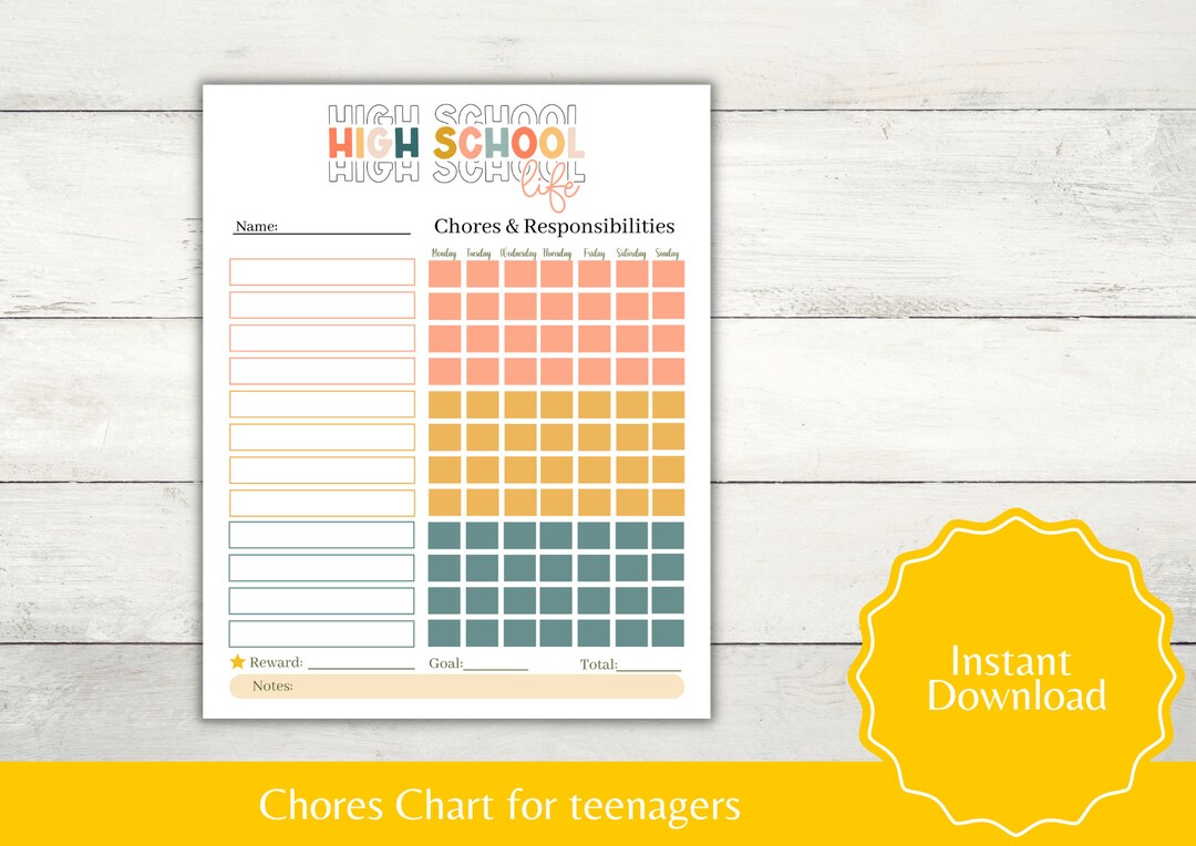 Chore Chart for Printable for Teenagers High School Chore Chart for ...