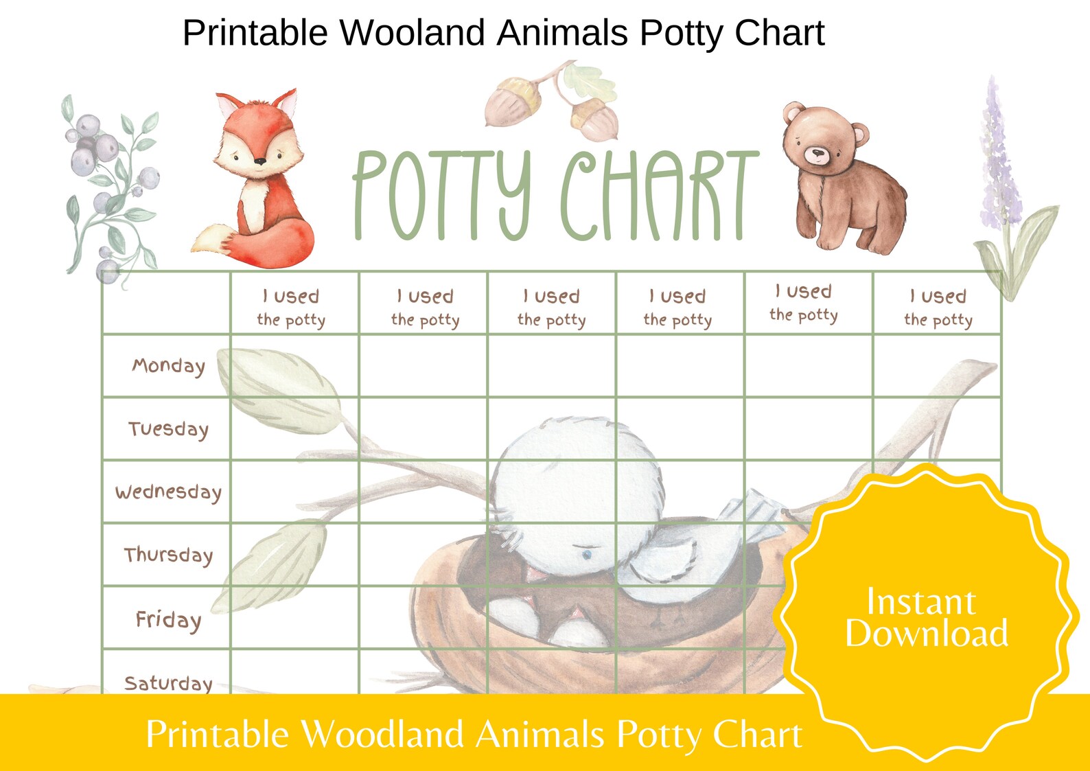Woodland Animals Potty Chart Printable for Boys Animals Potty Training ...