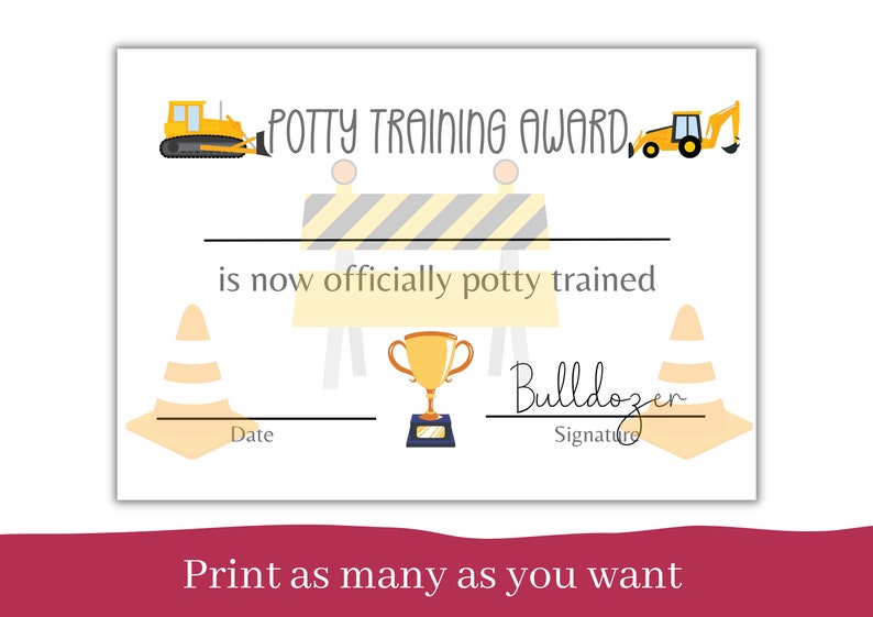 Potty Training Award Certificate: Construction Truck Theme (digital ...