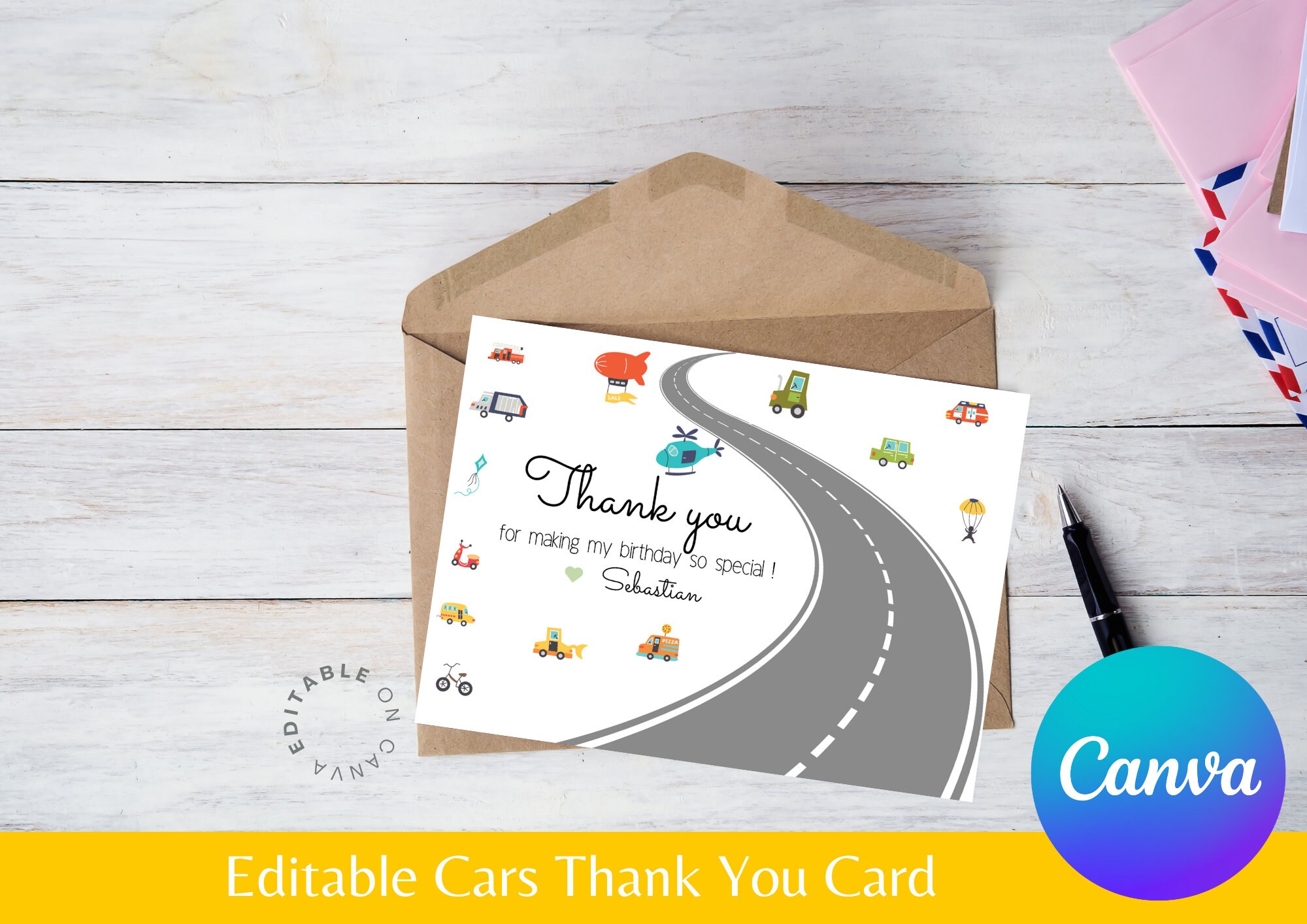 Editable Cars Thank You Card for Boys Birthday Party Ideas Vehicles ...