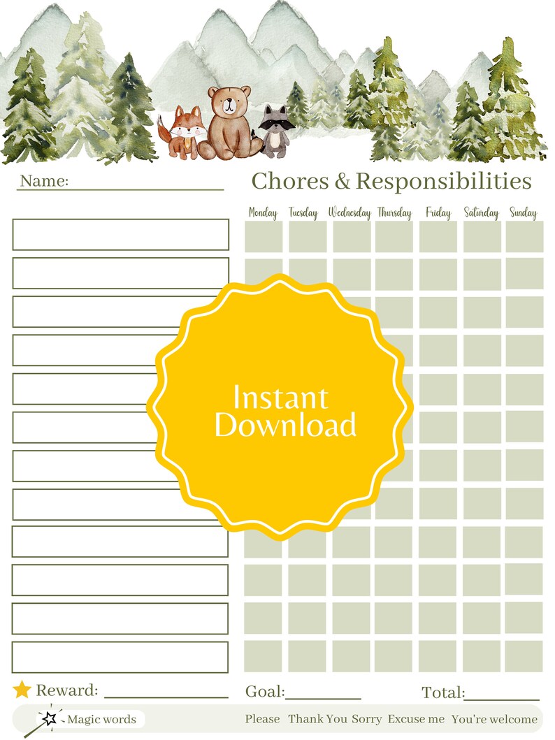 Woodland Animals Chore Chart for Kids (PDF Printable) - Etsy