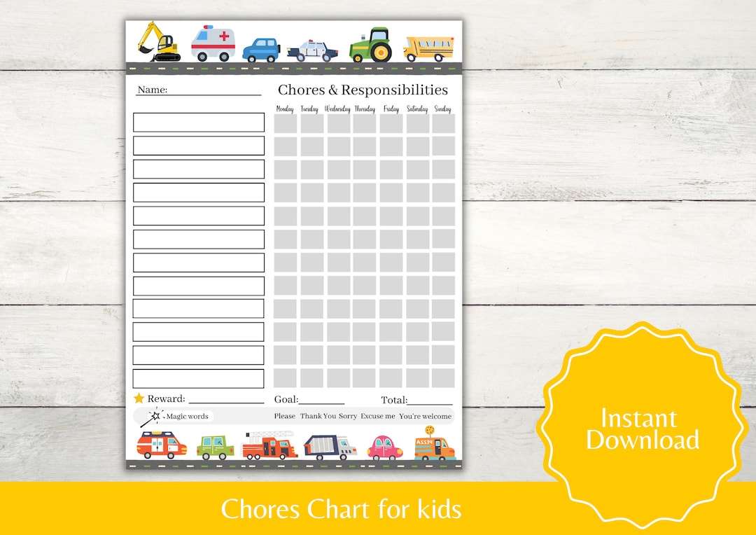 Cars Chore Chart for Boys: Printable Responsibility Tracker (PDF) - Etsy