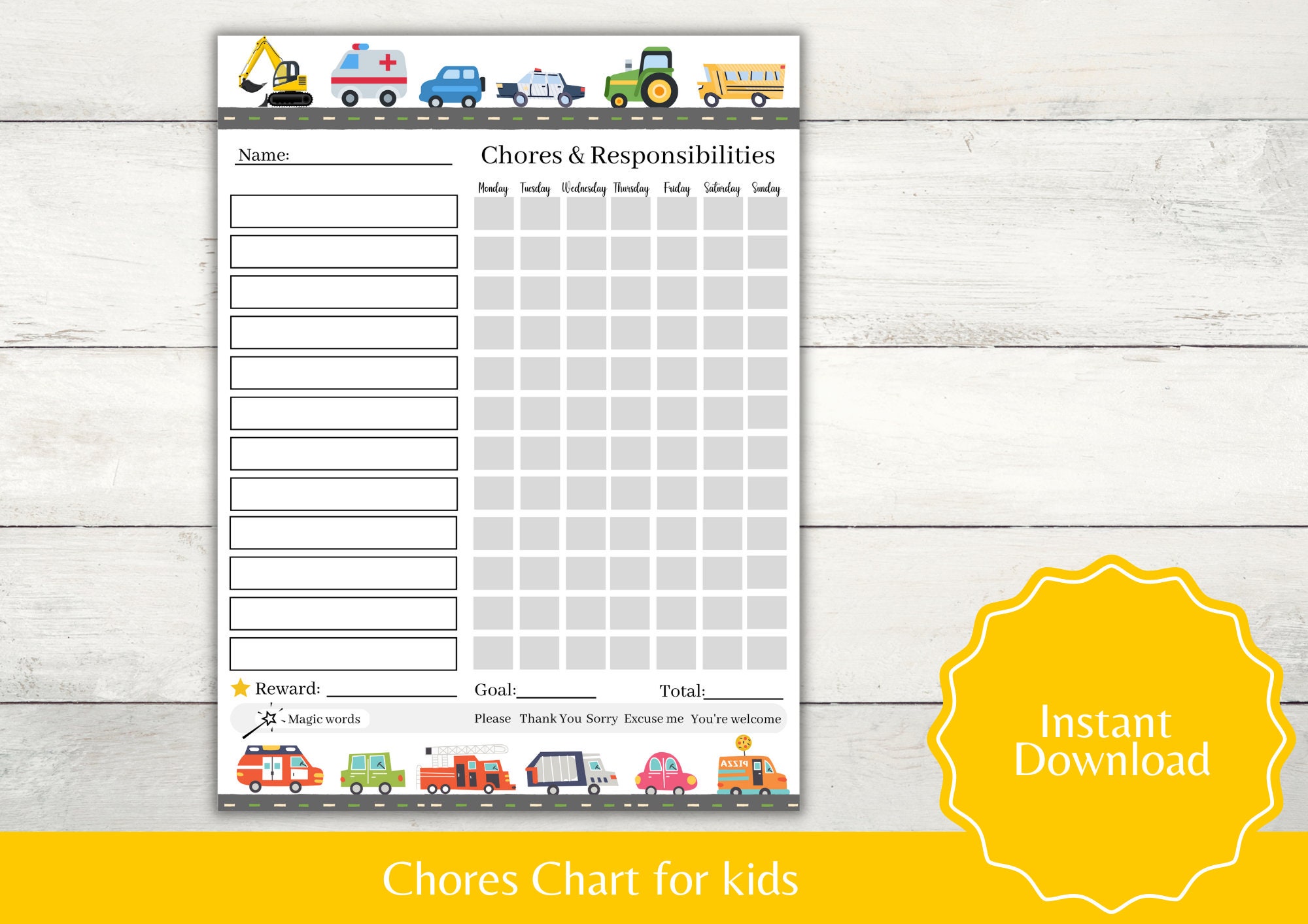 Cars Chore Chart for Boys: Printable Responsibility Tracker (PDF) - Etsy