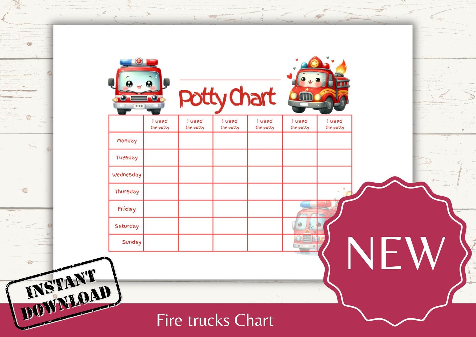 Printable Firetruck Potty Training Chart for Toddlers, Firetruck Reward ...